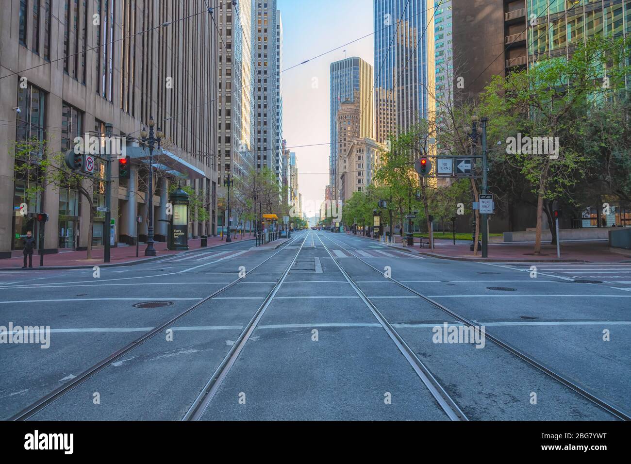 Market Street by Downtown is empty of pedestrians and traffic during ...