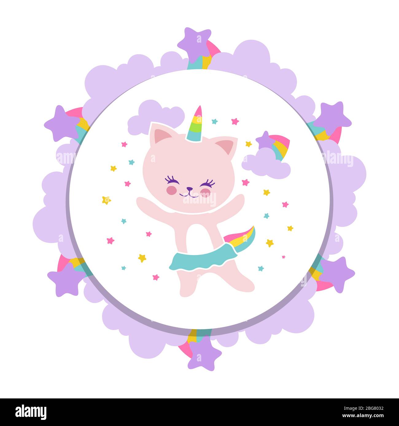 Cute happy cat banner design. Cartoon kitten with stars and rainbow ...