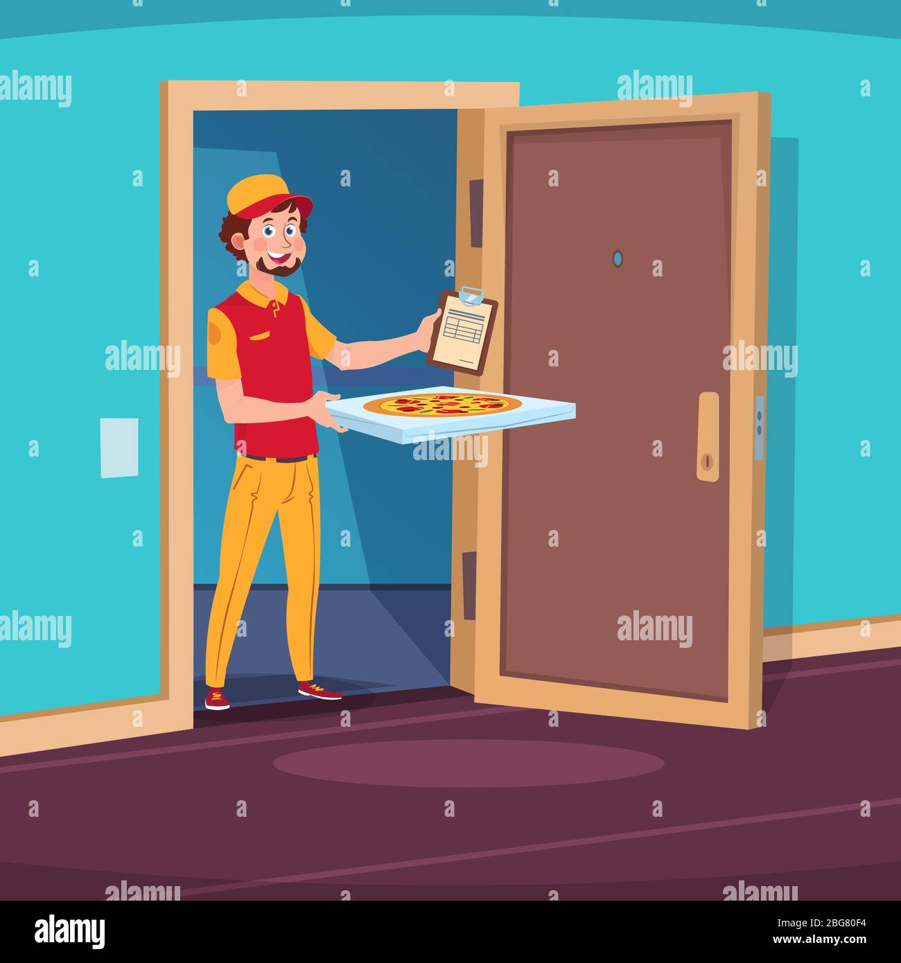Food delivery concept. Cartoon guy deliver with pizza in home doorway ...