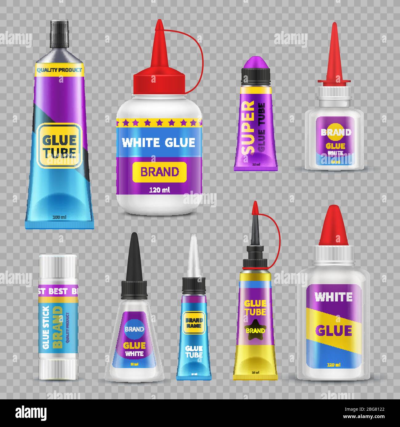 Glue sticks. Adhesive super glue tubes and bottles. Realistic isolated ...