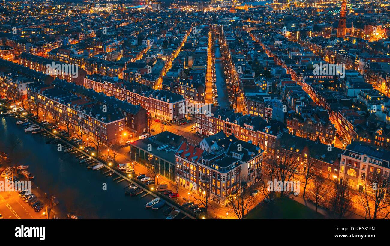 Amsterdam night city skyline aerial view from above, Amsterdam ...