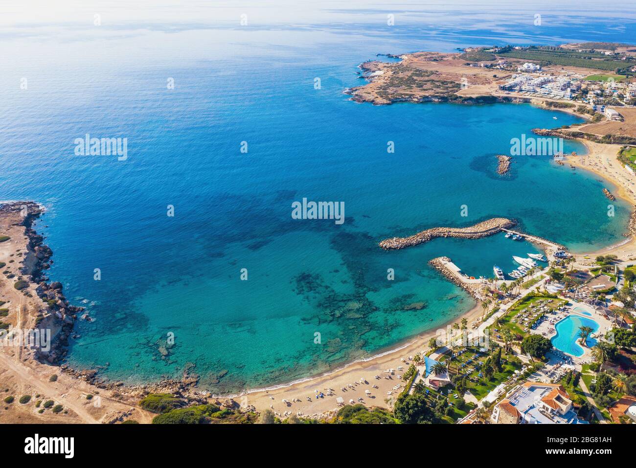 Summer vacation in Cyprus island. Aerial view of bay with clear blue ...