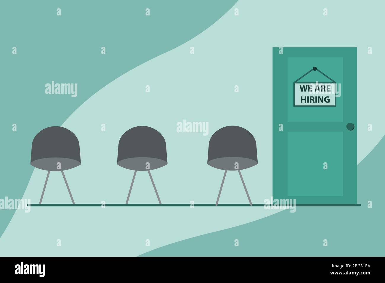 WE ARE HIRING on door. Recruitment flat banner. empty chairs front of ...