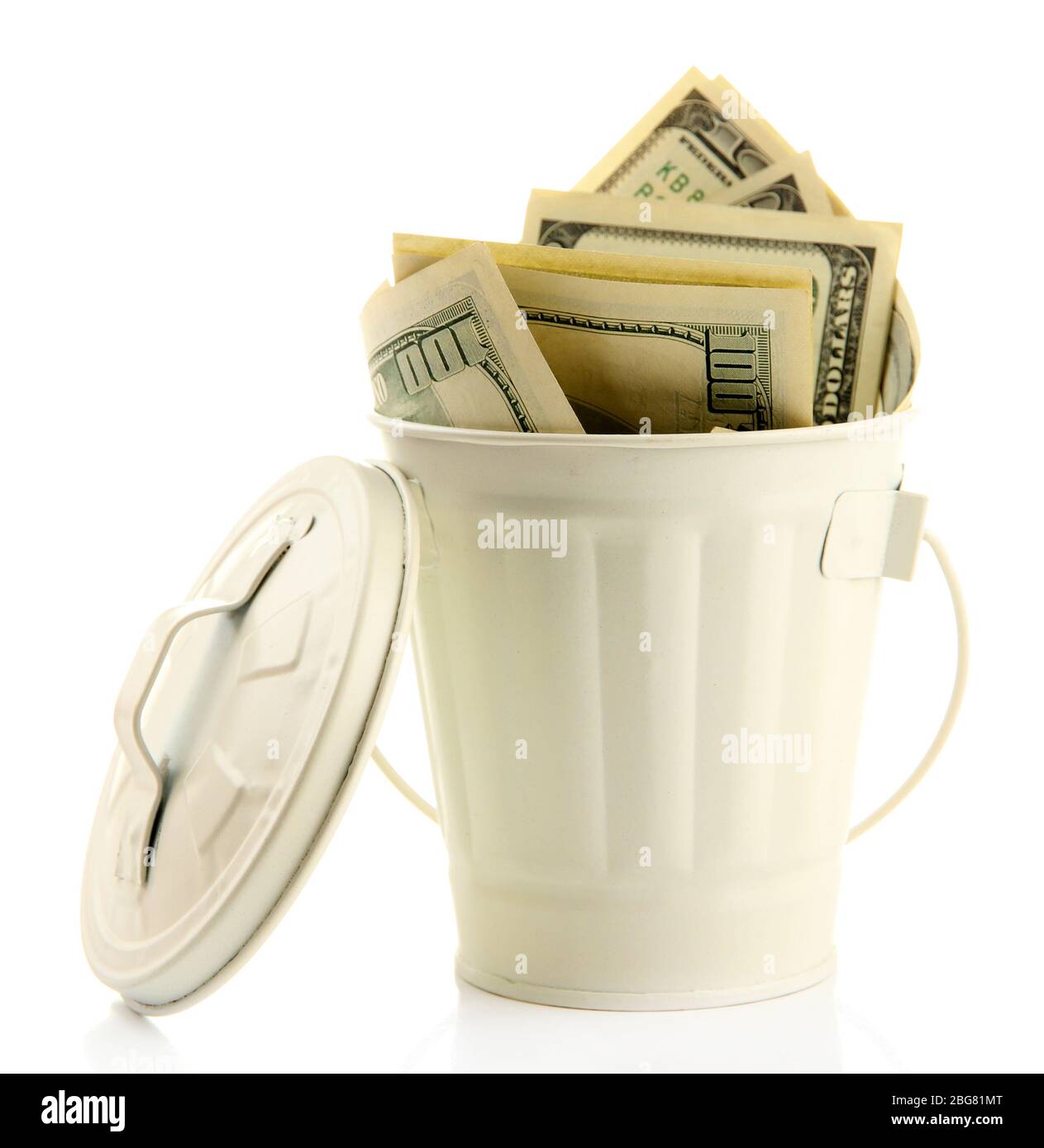Money in trash can, isolated on white Stock Photo - Alamy