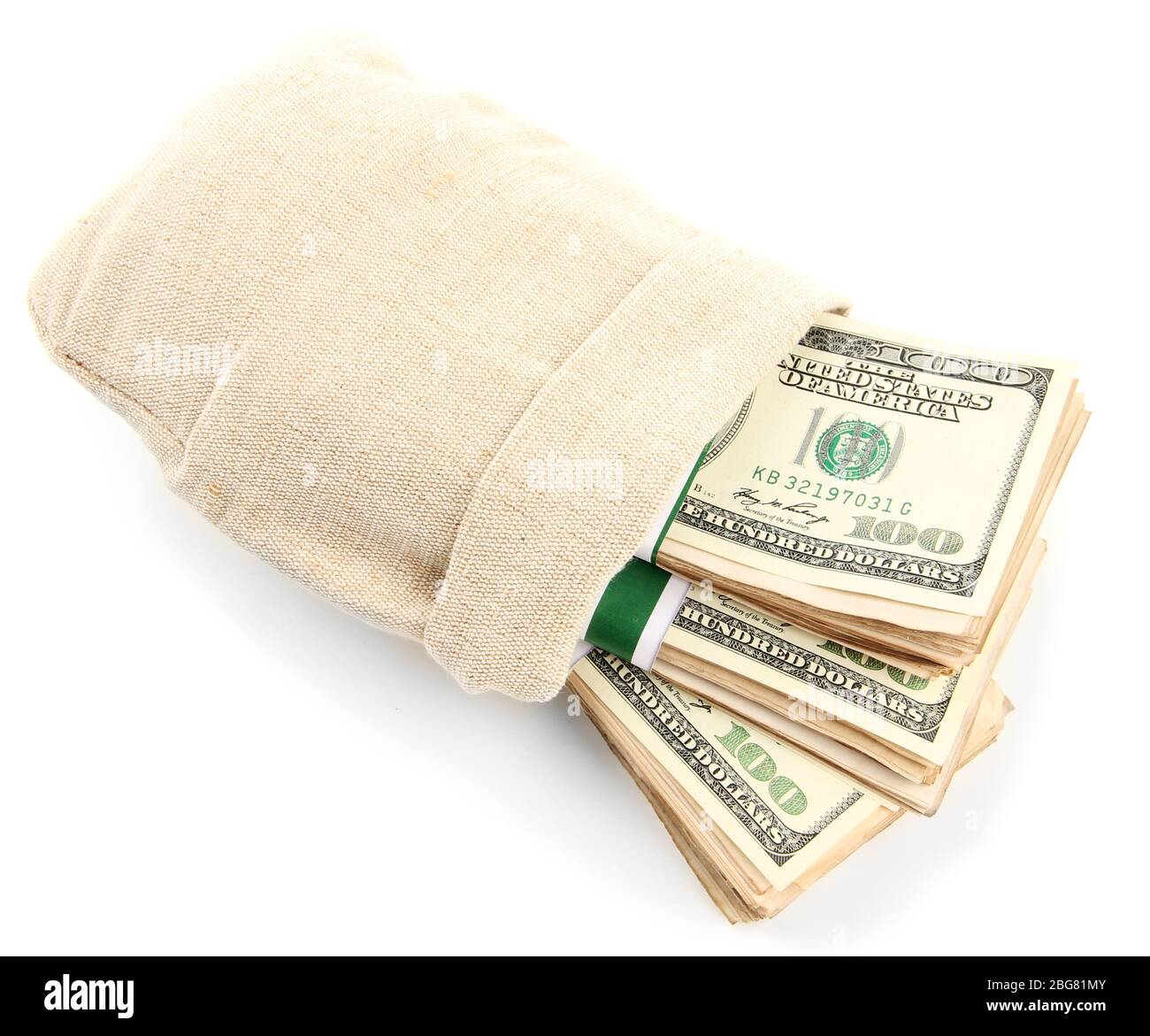 Money in bag isolated on white Stock Photo - Alamy