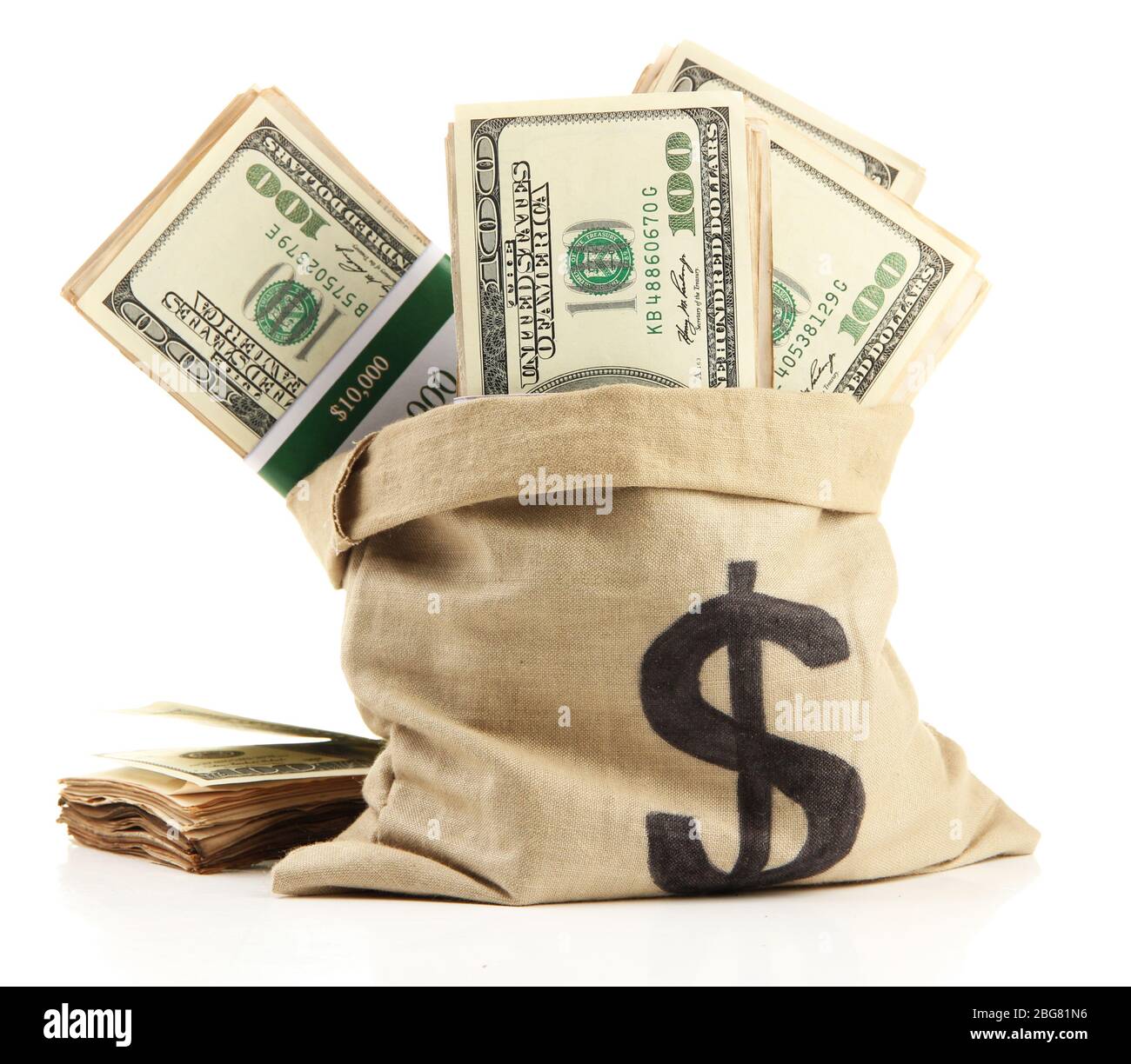 Money in bag isolated on white Stock Photo - Alamy