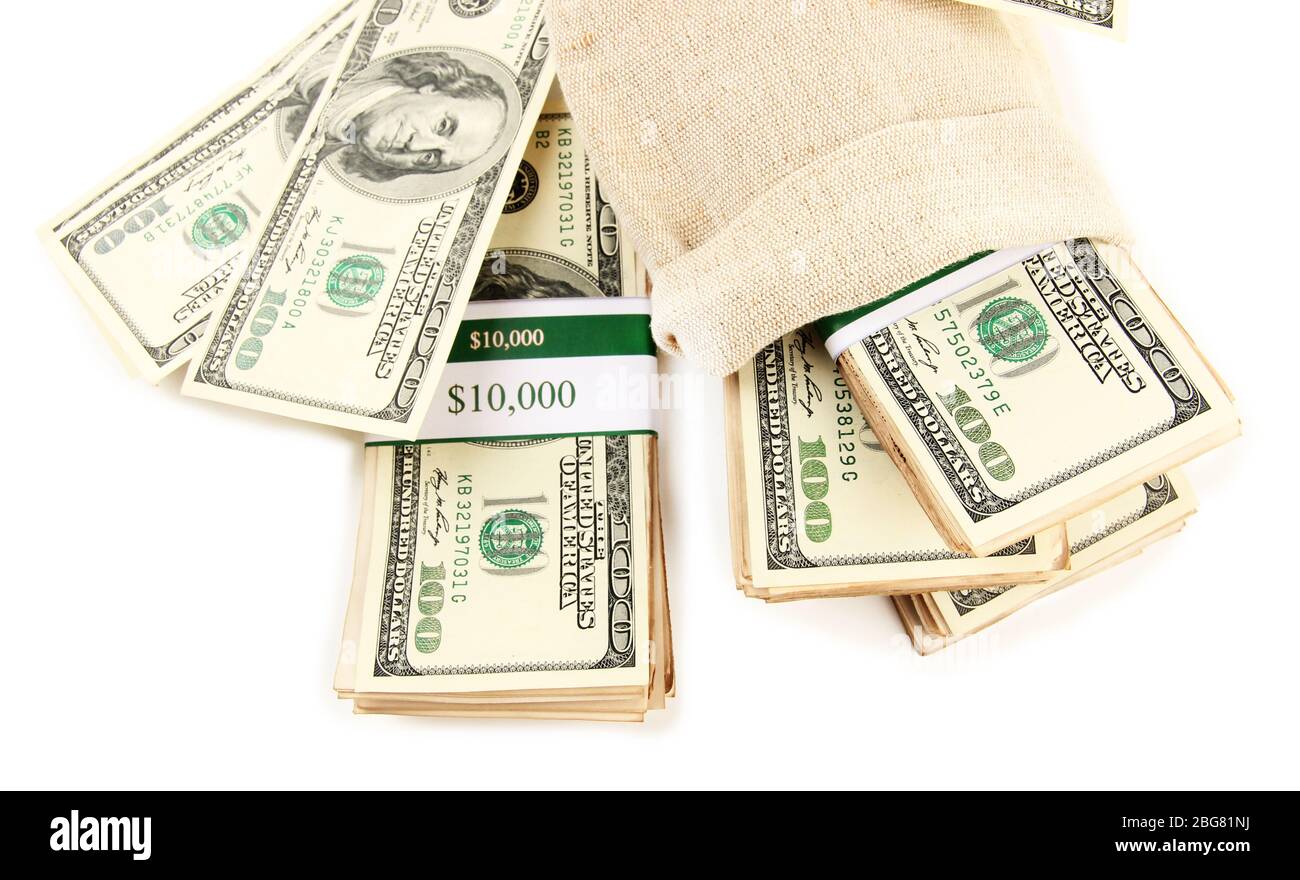 Money in bag isolated on white Stock Photo - Alamy