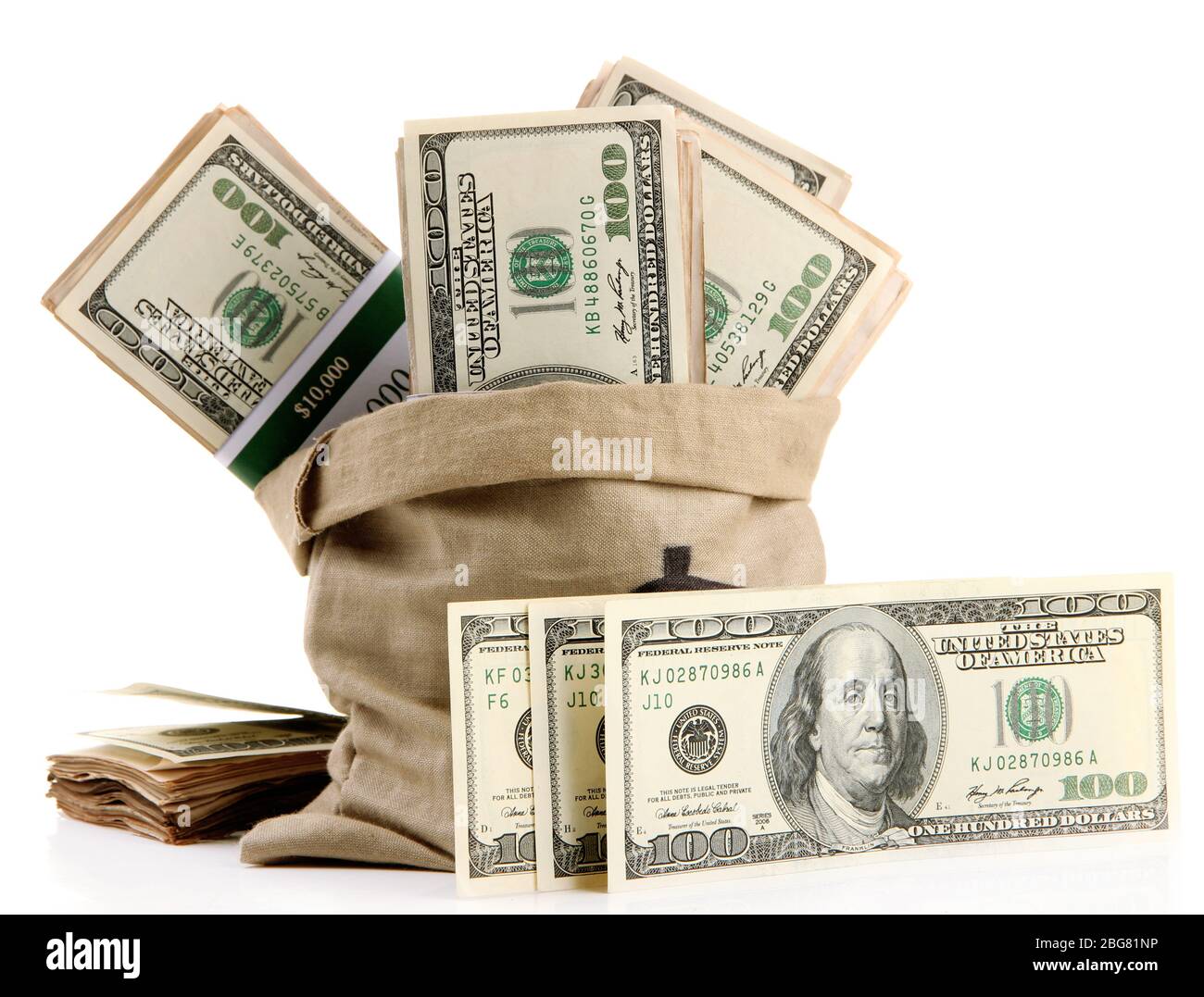 Money in bag isolated on white Stock Photo - Alamy