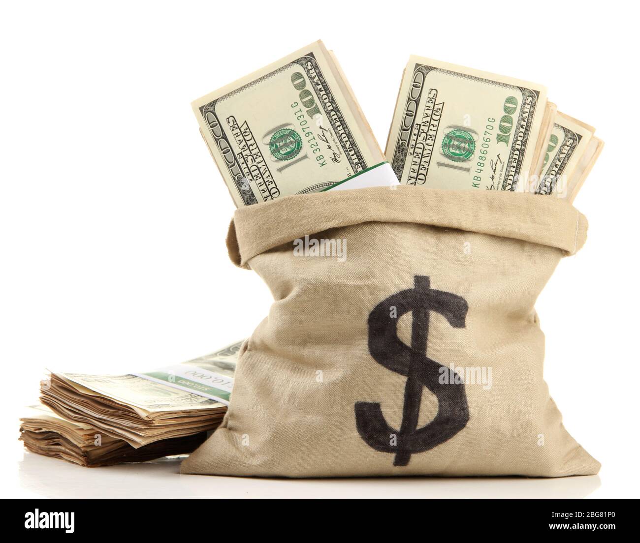 Money in bag isolated on white Stock Photo - Alamy
