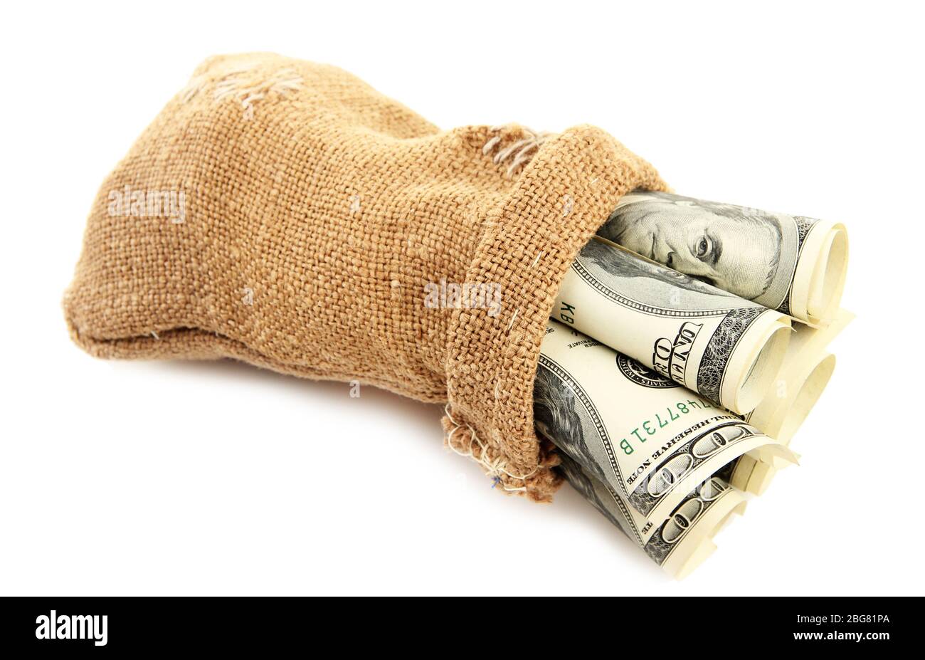 Money in bag isolated on white Stock Photo - Alamy