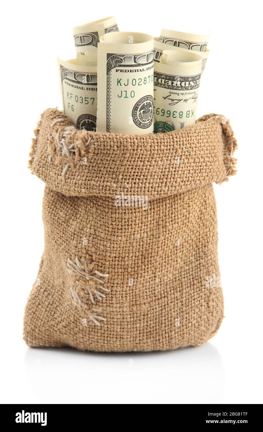 Money in bag isolated on white Stock Photo - Alamy
