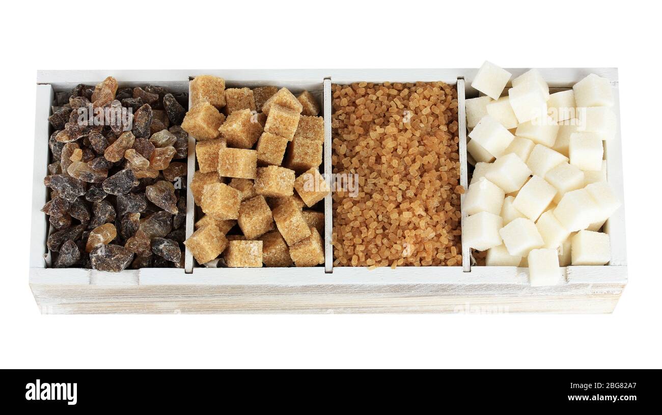 Different types of sugar in wooden box isolated on white Stock Photo ...