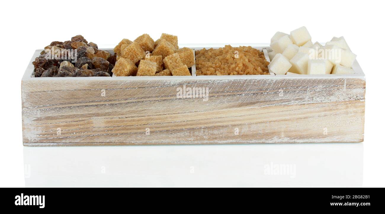Different types of sugar in wooden box isolated on white Stock Photo ...