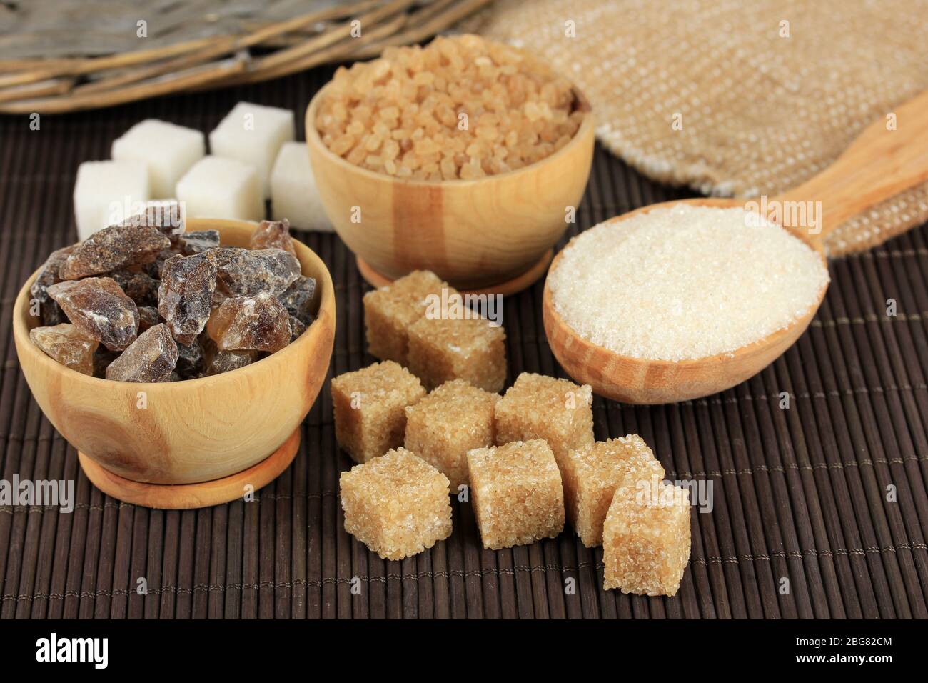 Different types of sugar on table close-up Stock Photo - Alamy