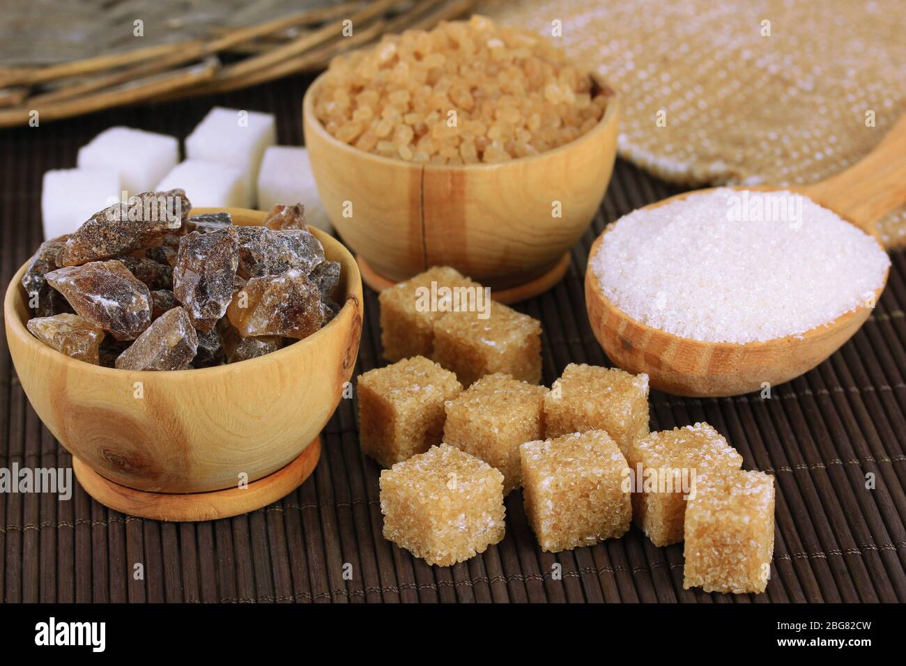 Different types of sugar on table close-up Stock Photo - Alamy