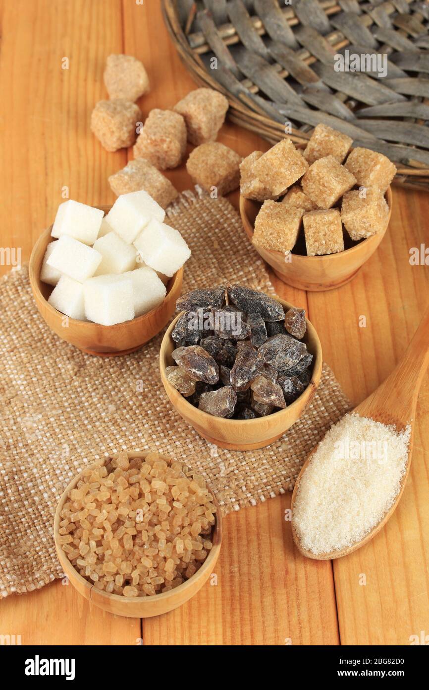 Different types of sugar on table close-up Stock Photo - Alamy