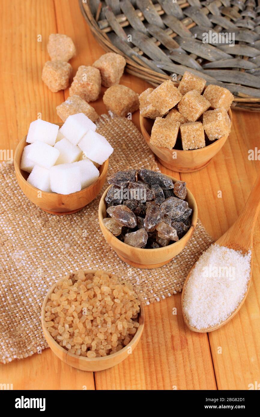 Different types of sugar on table close-up Stock Photo - Alamy