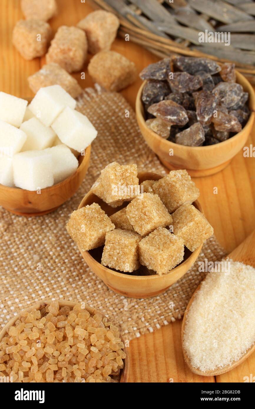 Different types of sugar on table close-up Stock Photo - Alamy