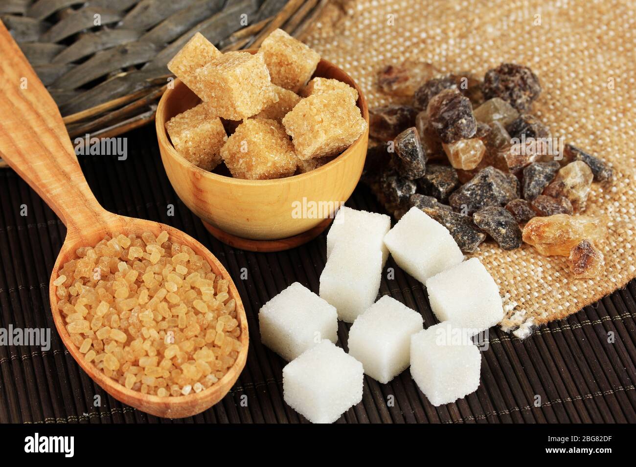 Different types of sugar on table close-up Stock Photo - Alamy