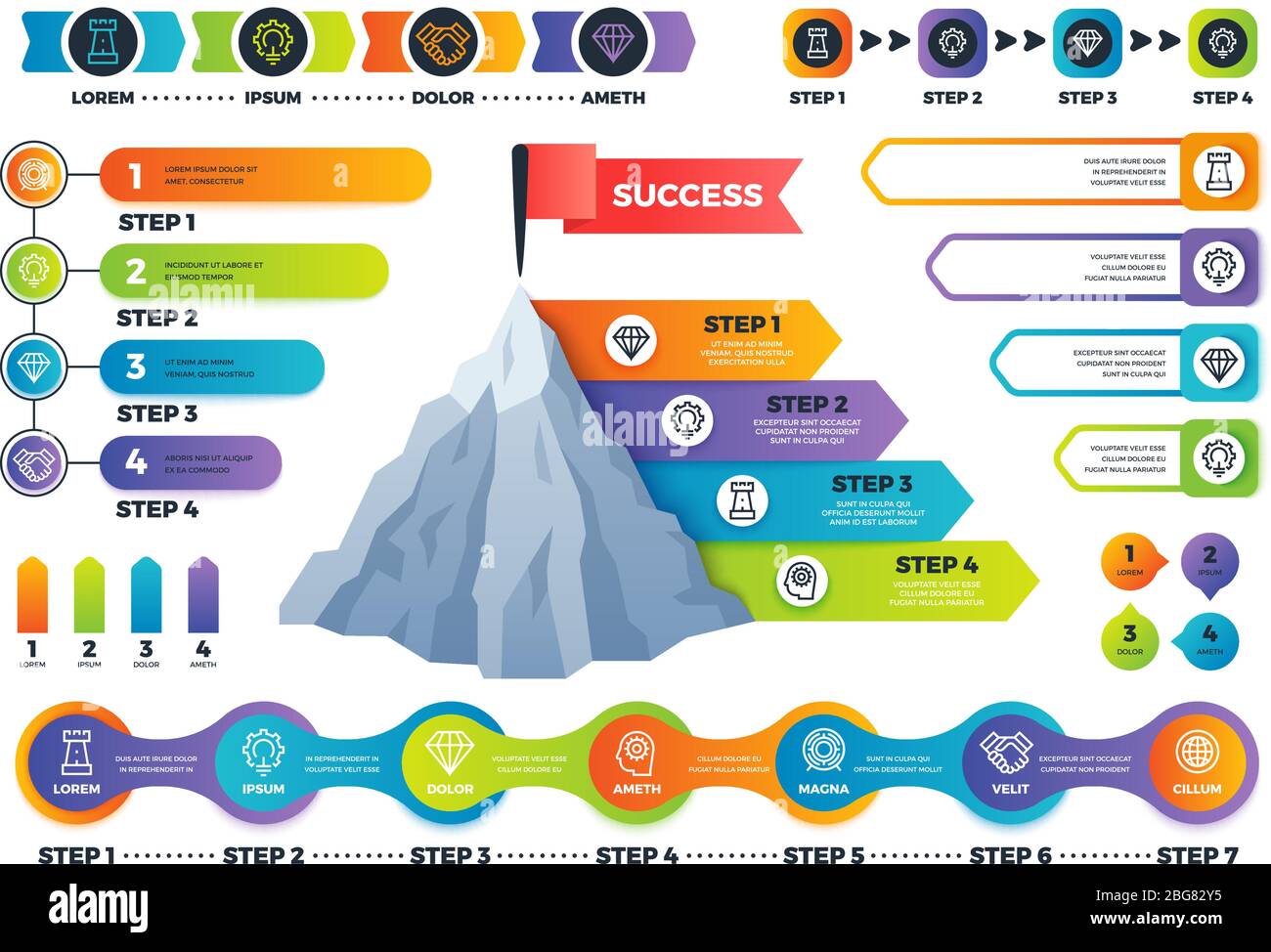 Step infographics. Pyramid graph with process options, infocharts and ...