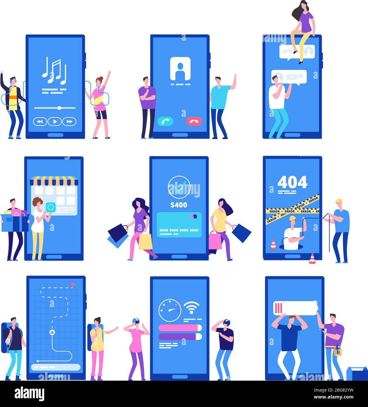 Phone app and people. Small flat characters interact with smartphone ...