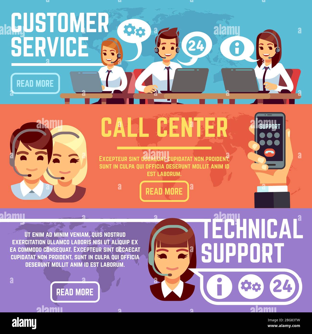 Customer service banners with call center support operators helping customer. Vector set of ...