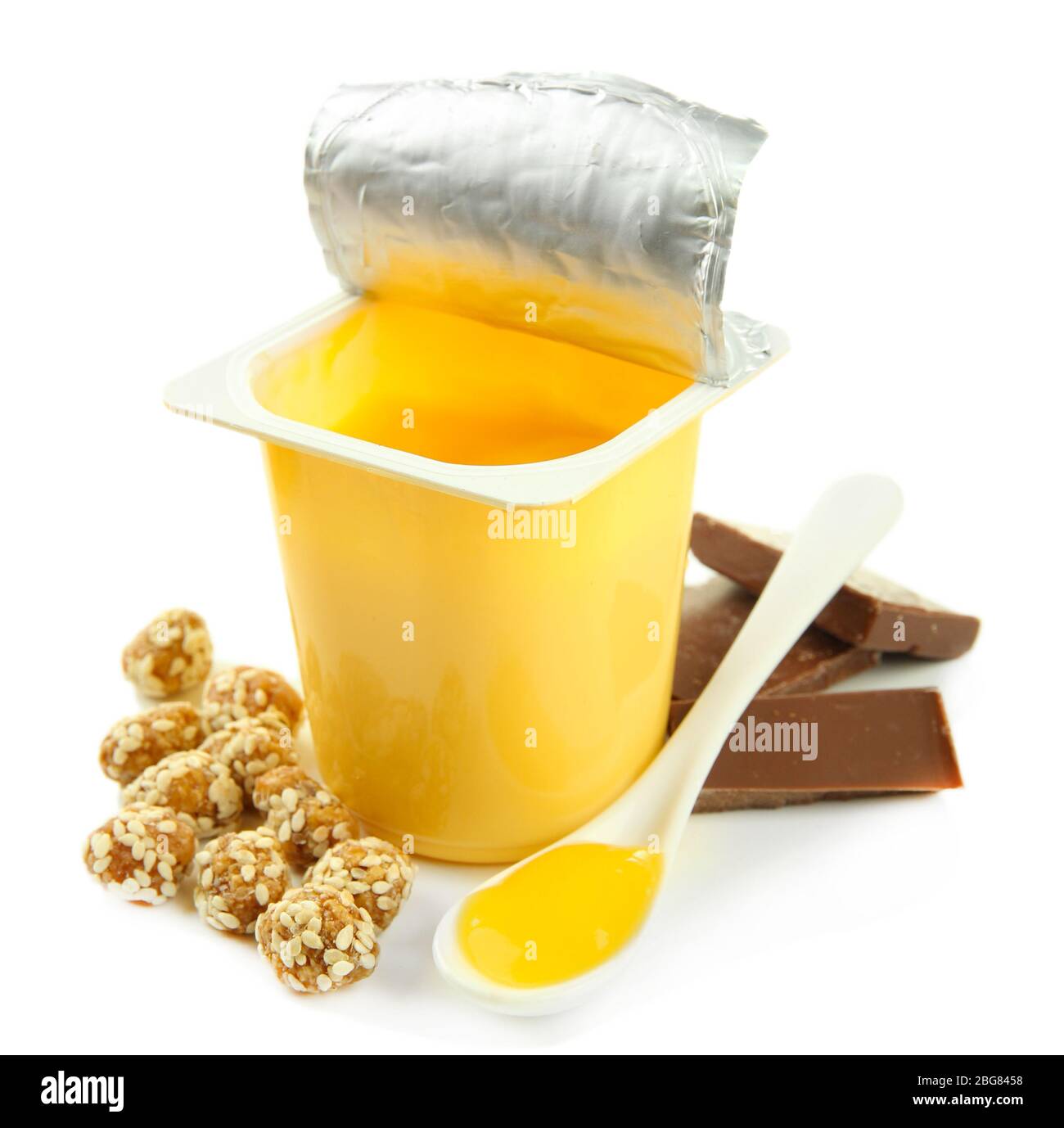 Tasty yogurt in open plastic cup isolated on white Stock Photo - Alamy