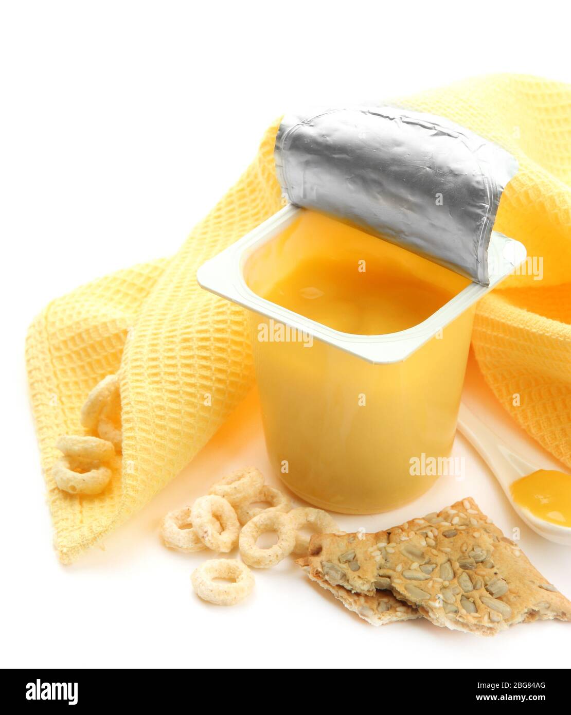 Tasty yogurt in open plastic cup isolated on white Stock Photo - Alamy