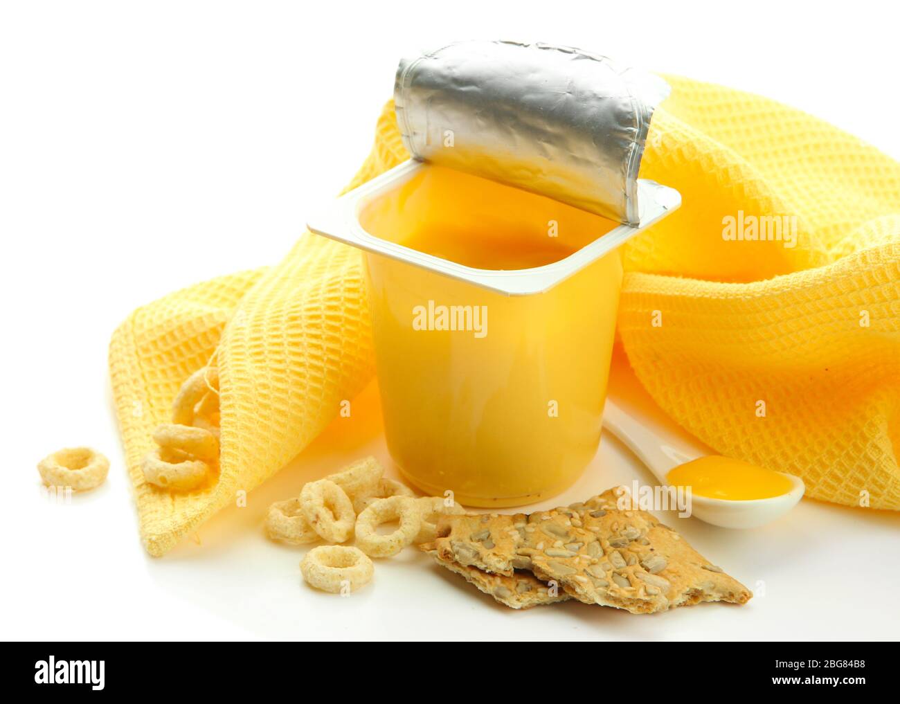 Tasty yogurt in open plastic cup isolated on white Stock Photo - Alamy