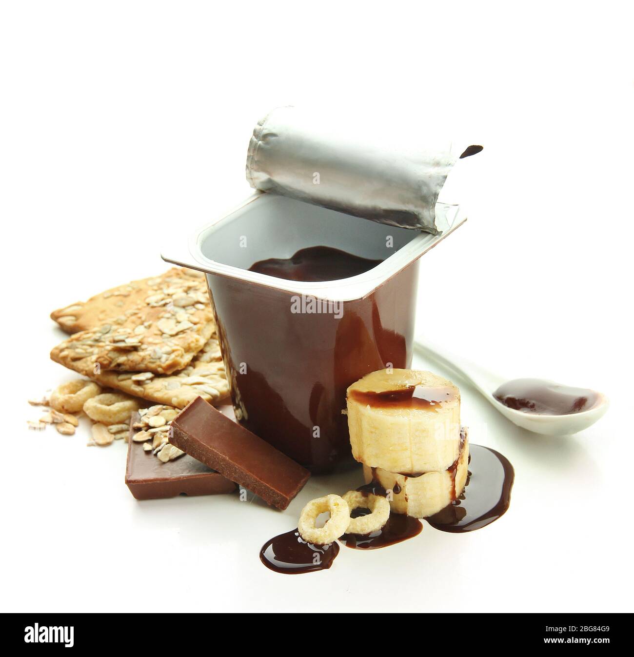 Chocolate cream in open plastic cup isolated on white Stock Photo - Alamy