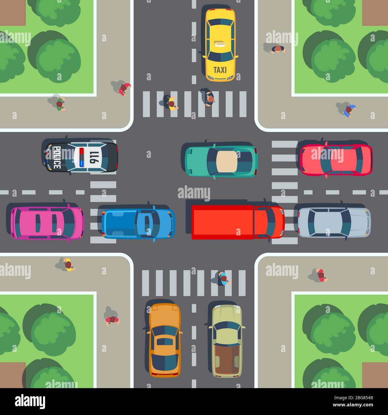 Crossroad top view. Road intersection with crosswalk, cars and people ...