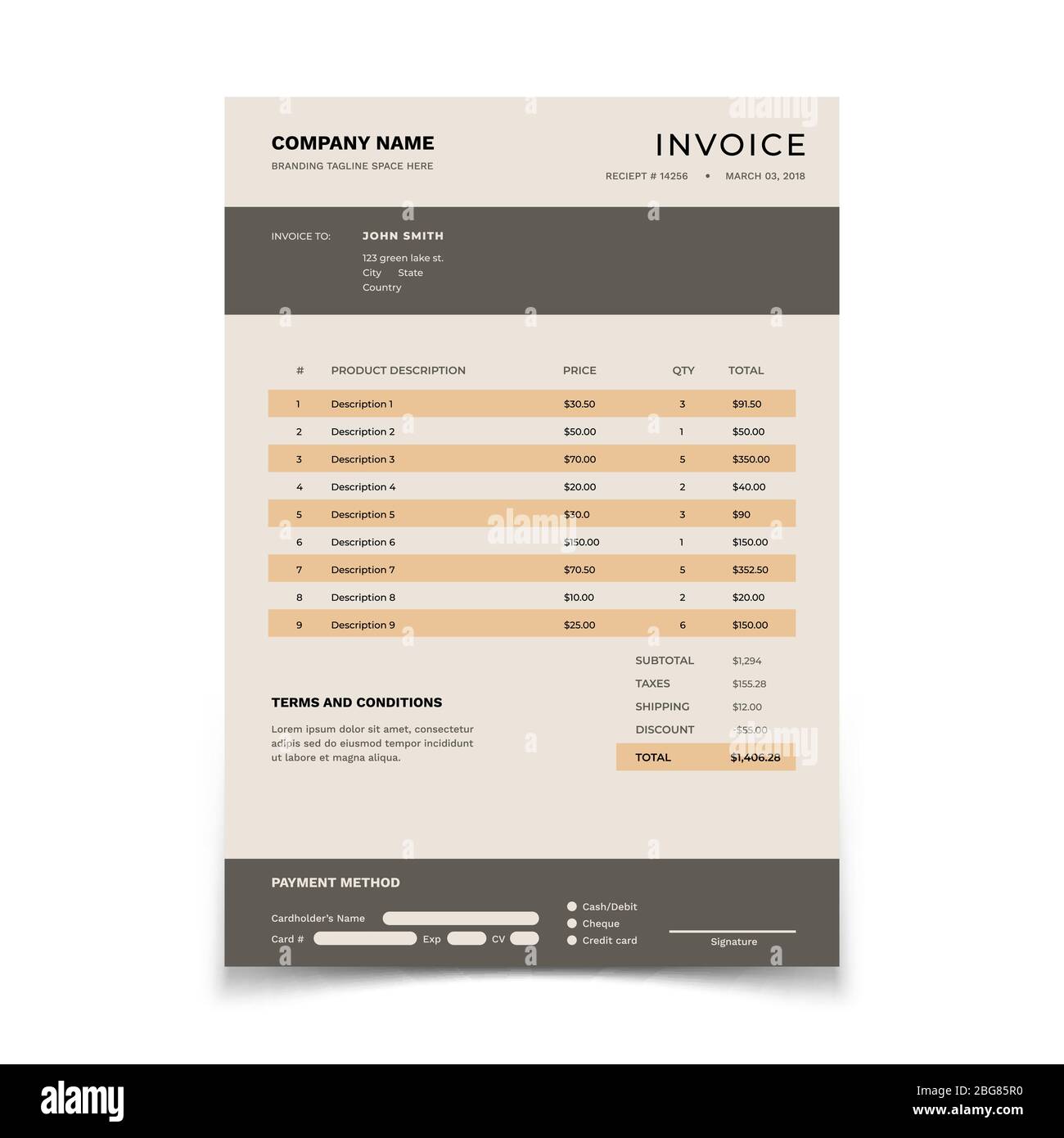 Invoice template. Bill form with data table and tax. Bookkeeping vector ...