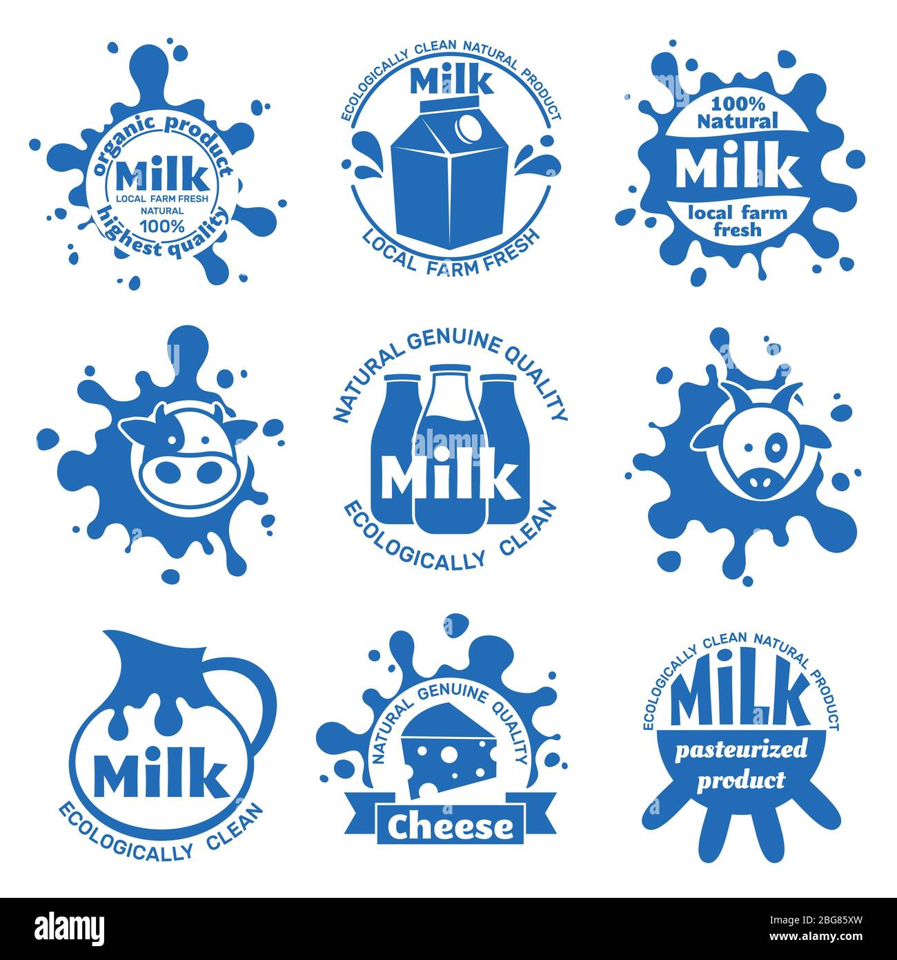 Fresh farm cow milk labels. Healthy dairy blue vector emblems for food ...