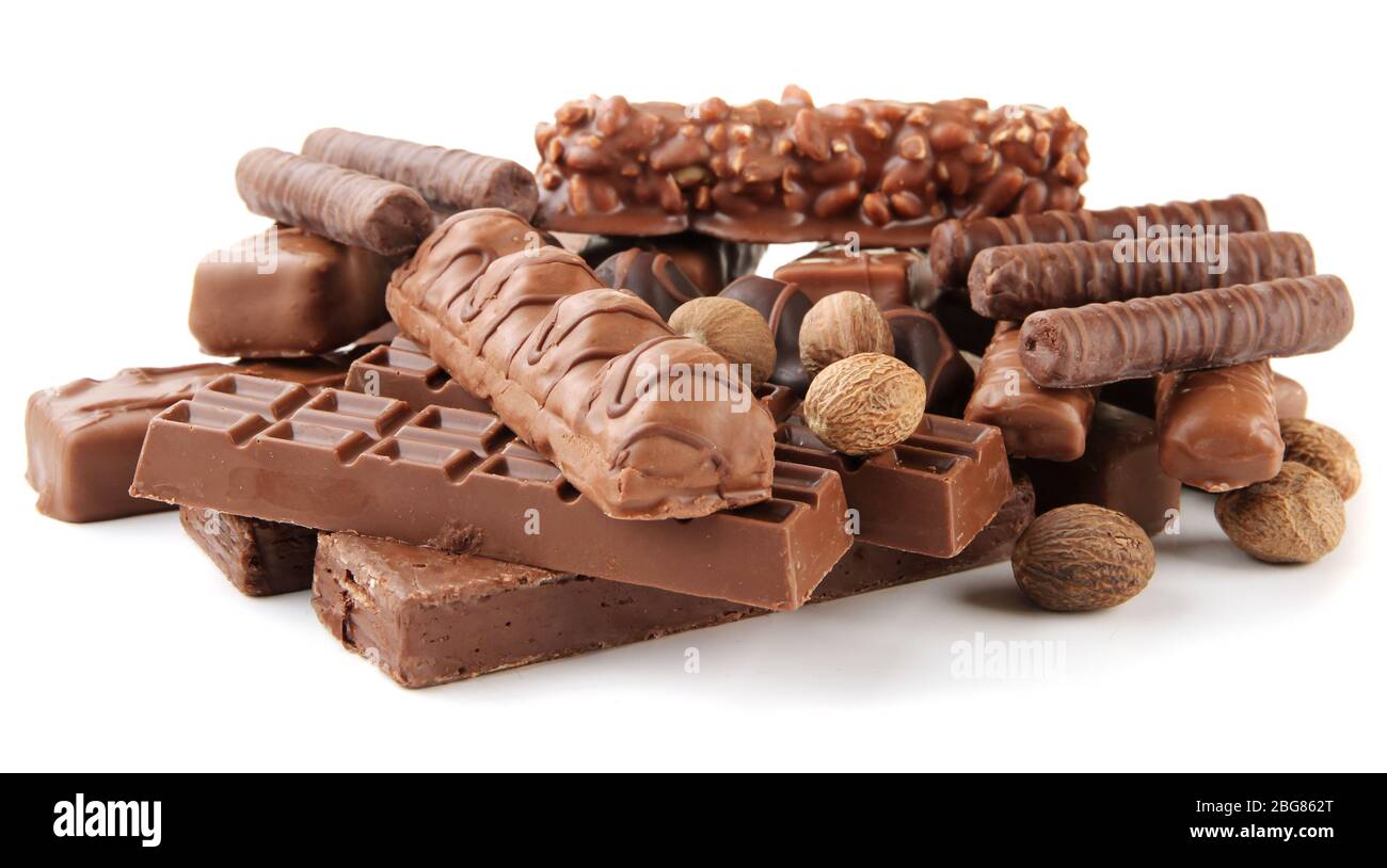 Delicious chocolate bars with nuts isolated on white Stock Photo - Alamy