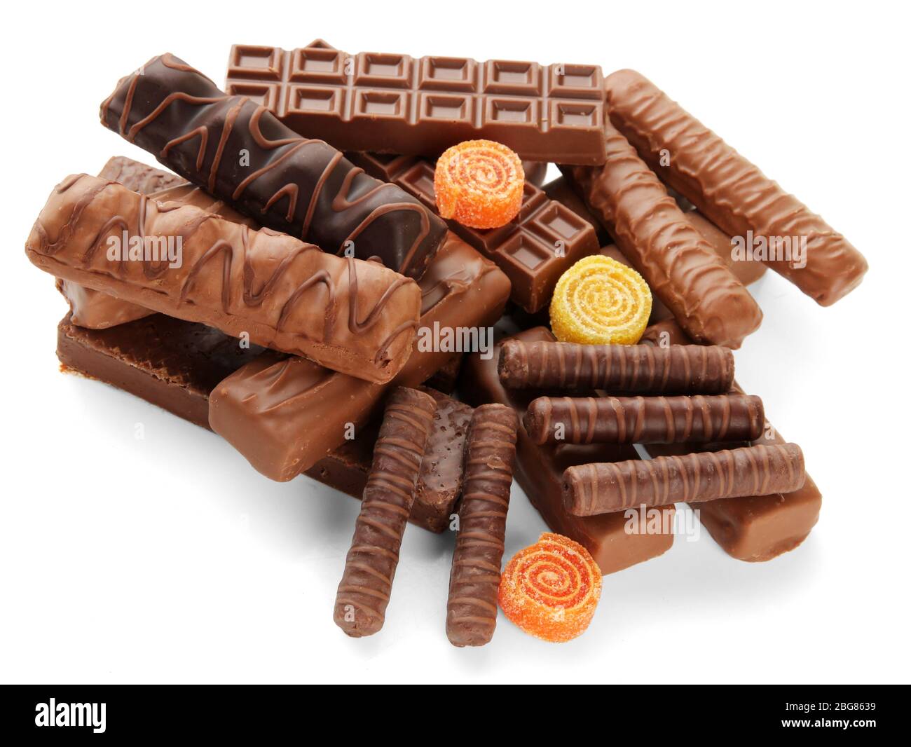 Delicious chocolate bars with marmalade sweets close up Stock Photo - Alamy