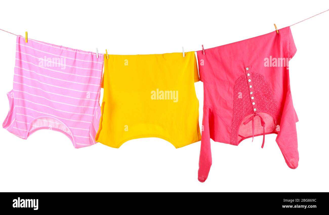 Clothes on rope isolated on white Stock Photo - Alamy