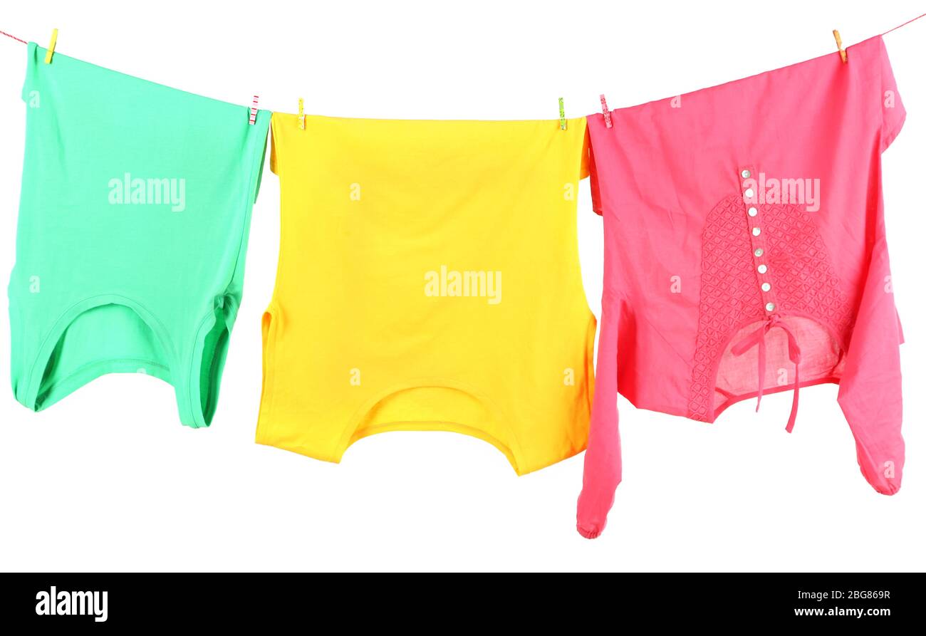 Clothes on rope isolated on white Stock Photo - Alamy