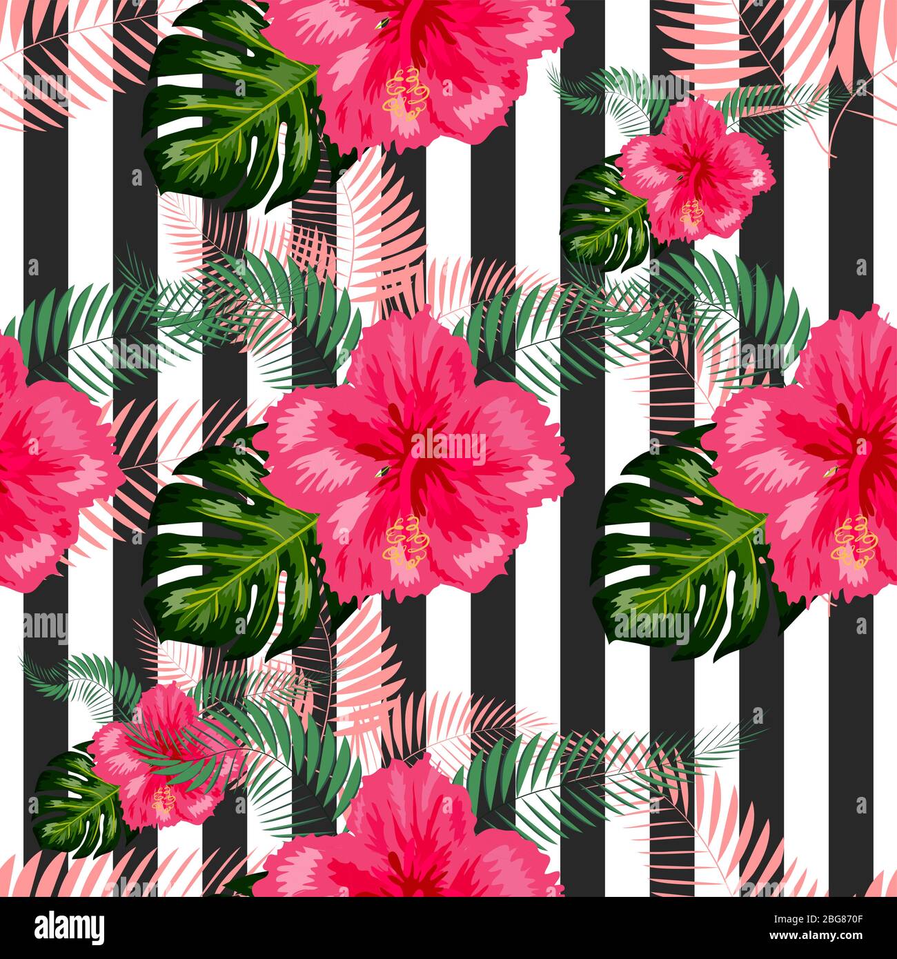 Tropical flowers and palm leaves on background. Seamless pattern Stock ...