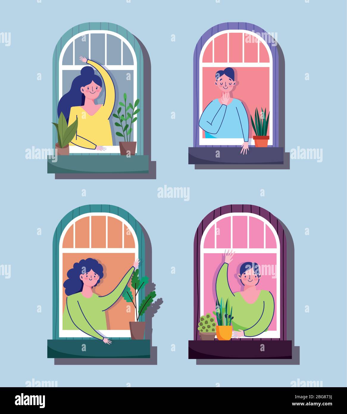 stay at home quarantine, women and men waving hands in their windows ...