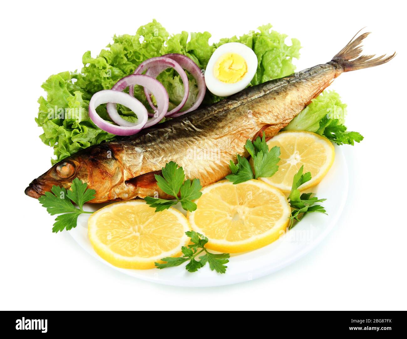 Smoked fish on plate isolated on white Stock Photo - Alamy