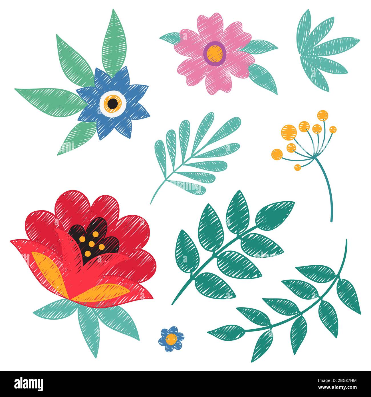 Hand embroidery ethnic floral elements isolated on white background ...