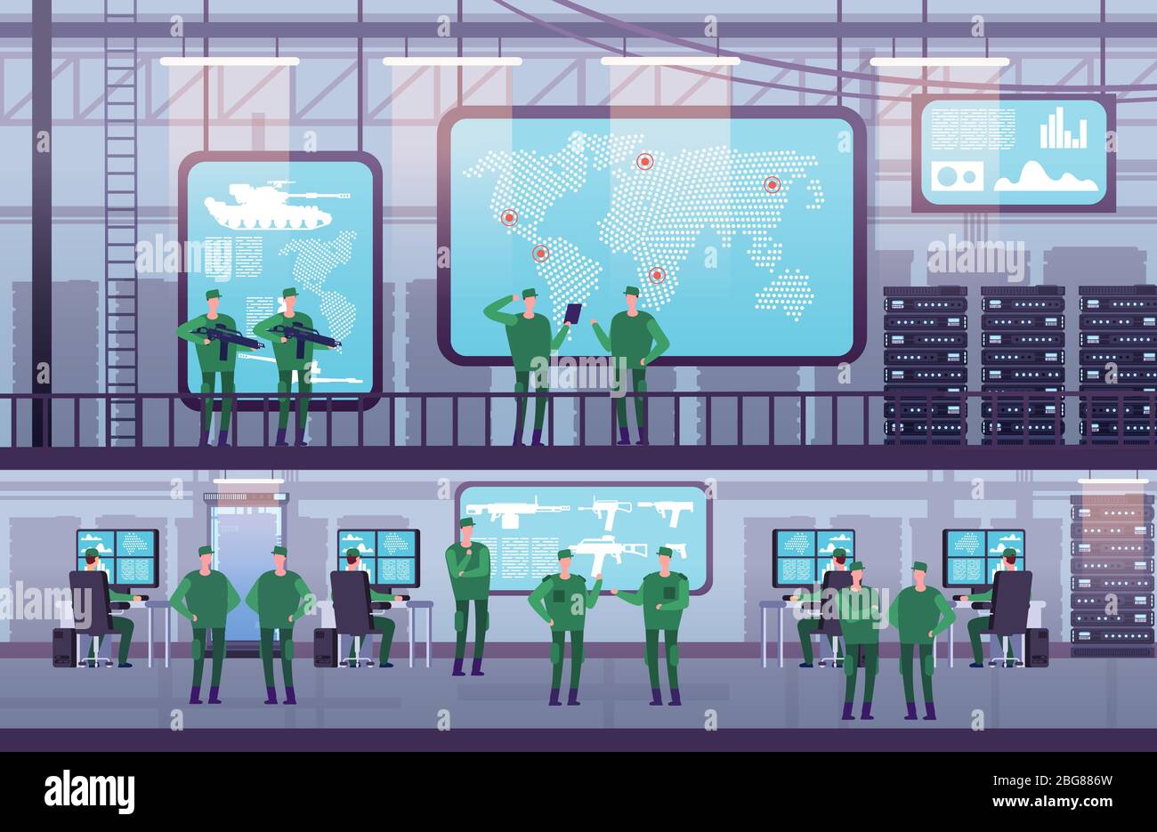Military control center. People working with computer in government ...