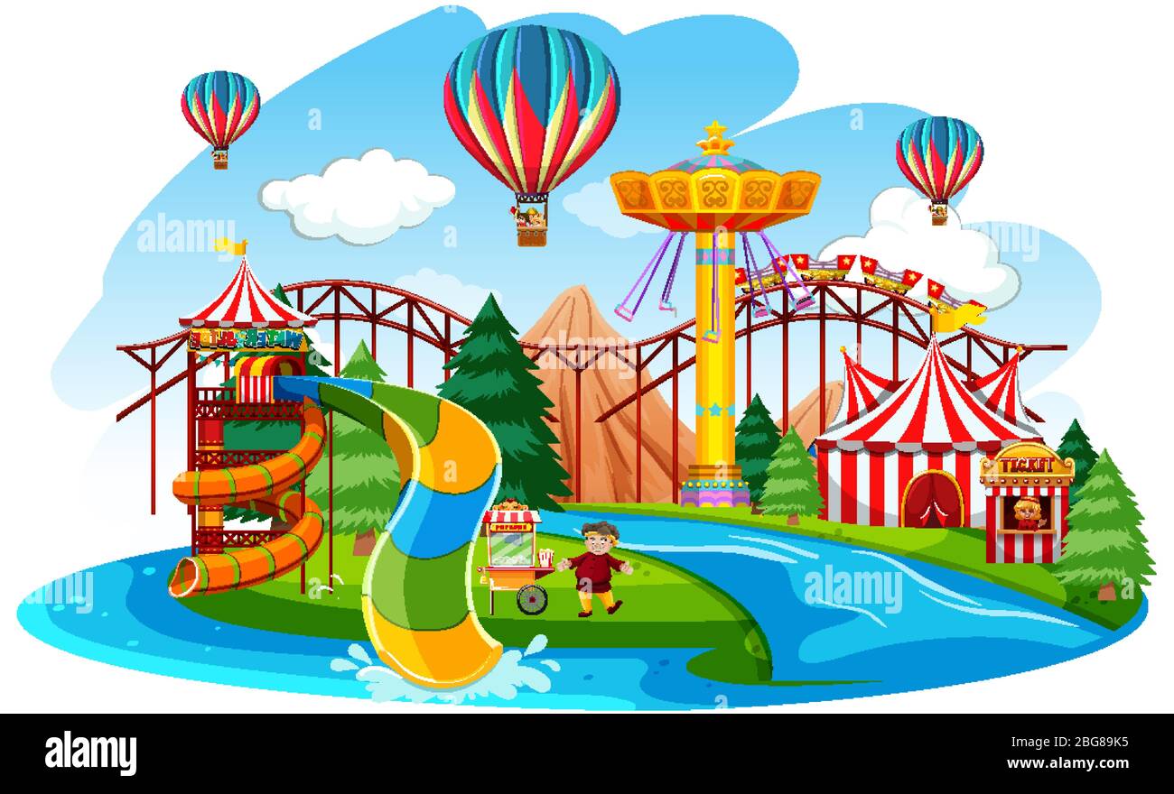 Themepark scene with many rides by the river illustration Stock Vector ...
