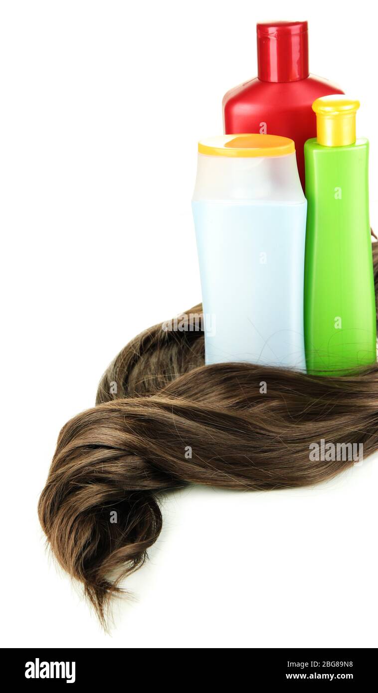 Shiny brown hair with shampoos isolated on white Stock Photo - Alamy