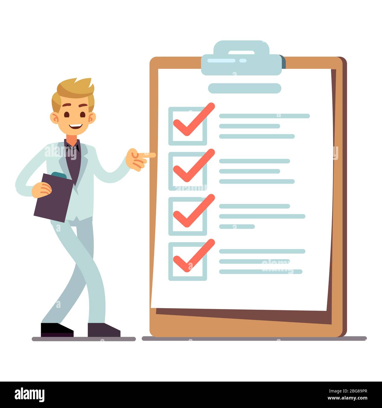 Happy man at giant schedule checklist with tick marks isolated on white ...