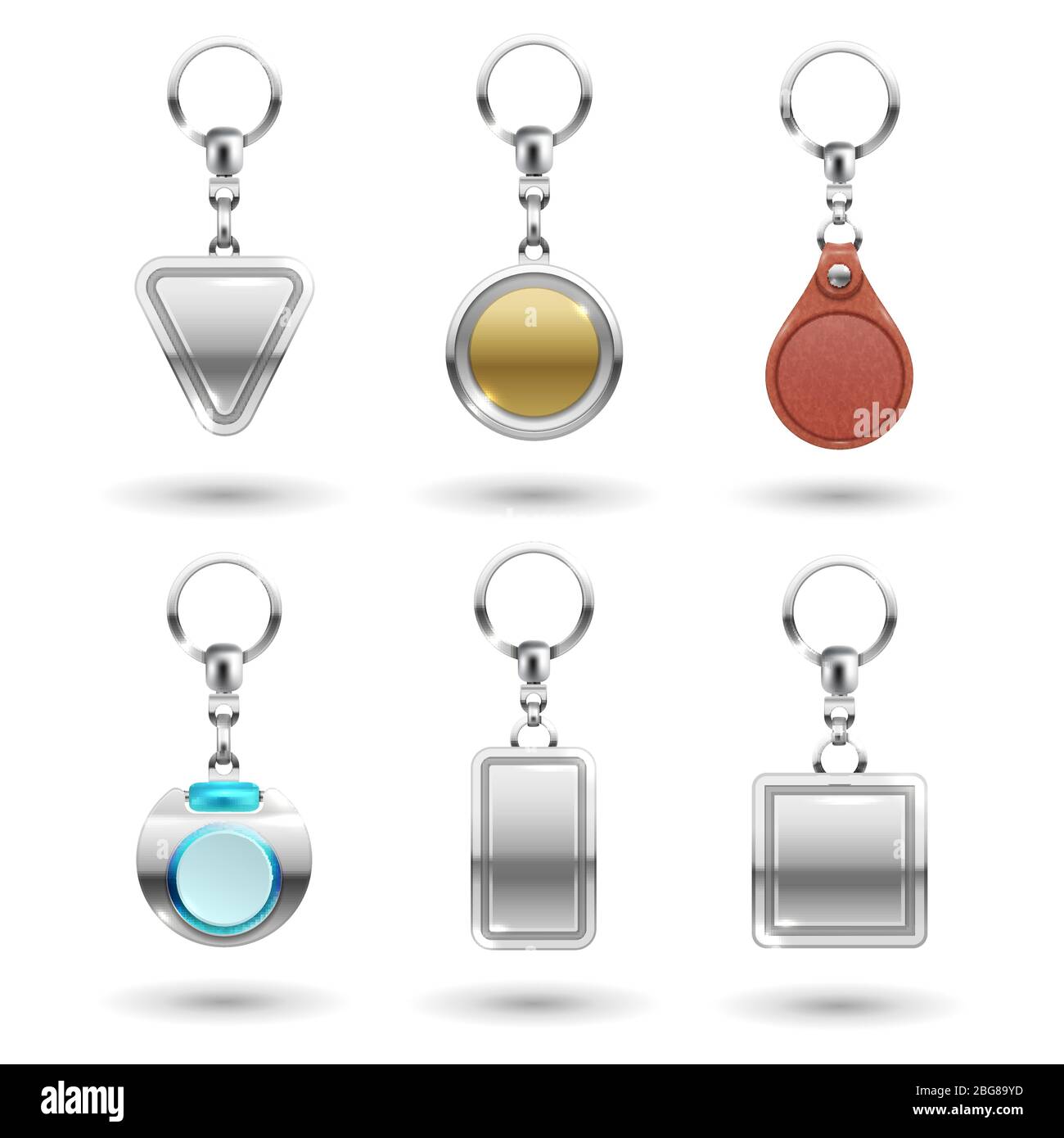 Realistic Vector Silver Golden Leather Keychains In Different Shapes