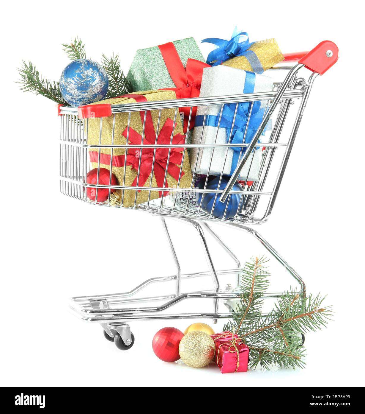 Christmas gifts in shopping trolley, isolated on white Stock Photo - Alamy