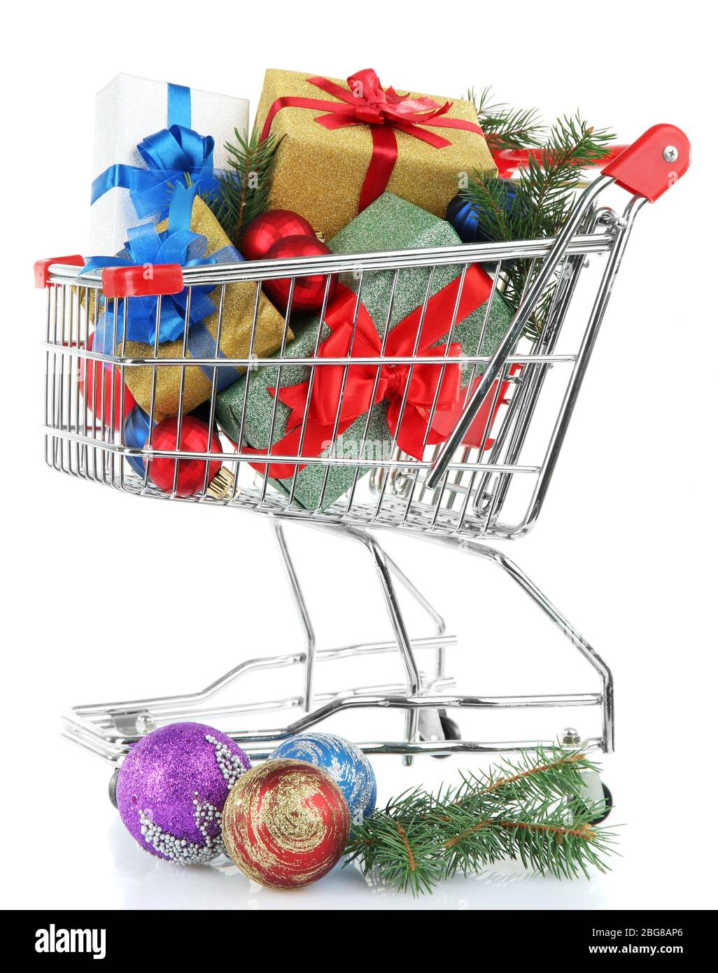 Christmas gifts in shopping trolley, isolated on white Stock Photo - Alamy