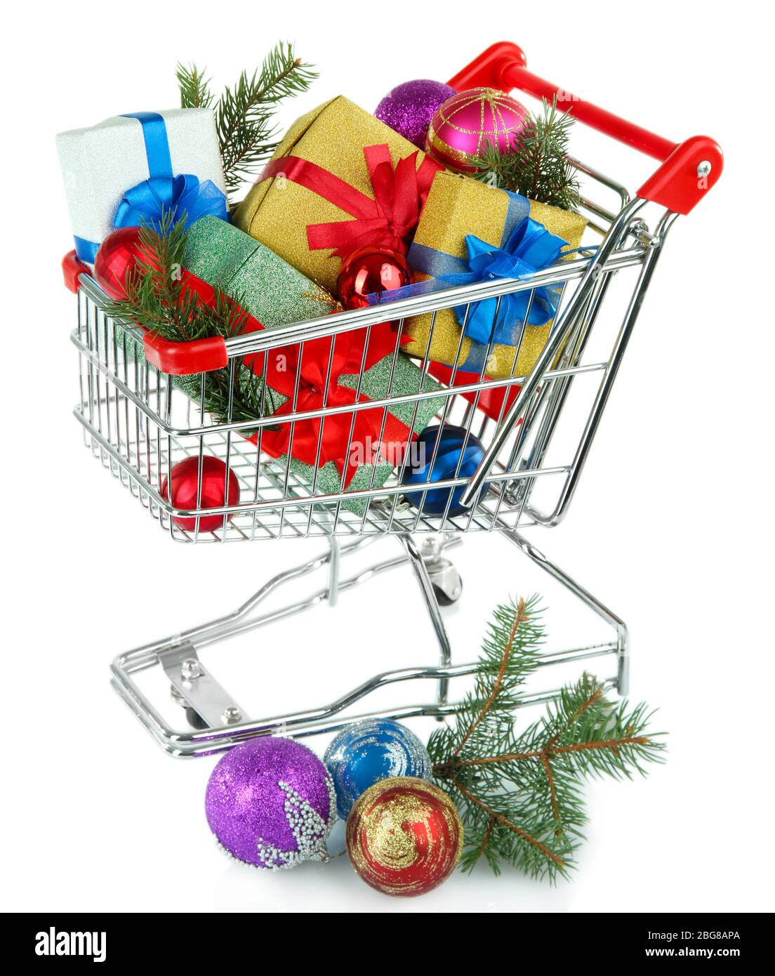 Christmas gifts in shopping trolley, isolated on white Stock Photo - Alamy