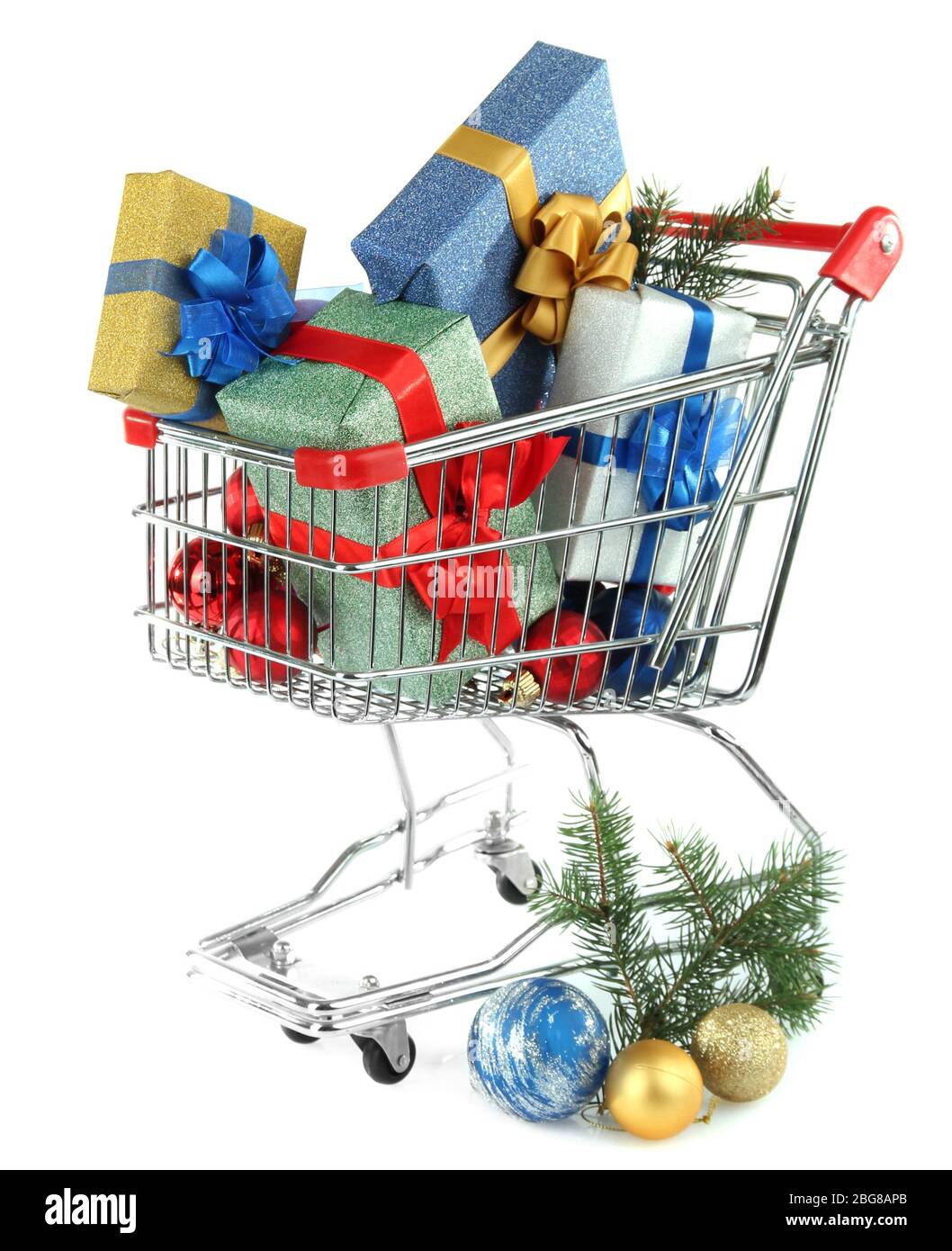 Christmas gifts in shopping trolley, isolated on white Stock Photo - Alamy